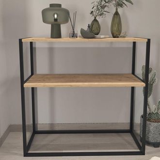 PEGANE Console dentr&eacute;e avec &eacute;tag&egrave;res couleur Ch&ecirc;ne et structure en acier noir - Longueur 90 x Hauteur 90 x Profondeur 34 cm