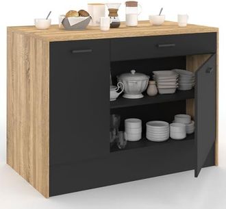 IDMarket Ilot Central LIO 120 cm Maxi capacit&eacute; de Rangement Bois et Noir