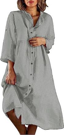 FNKDOR Robe Chemise Femme Couleur Unie A-Line Longue Robe Cotton en Line Oversize Lâché Robes Décontractée Chic Boutonnés Col Montant Robes Tunique à Manches