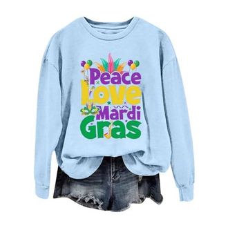 Generic Sweat-shirt pour adolescente et fille avec impression de lettres et col rond, pull douillet pour femme, bleu clair, XXL