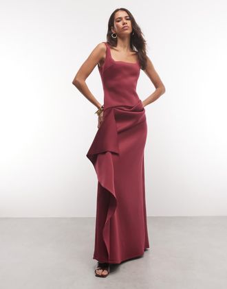 Asos robe longue &agrave; encolure carr&eacute;e avec d&eacute;tail de jupe fronc&eacute;e en tissu style scuba bordeaux-Rouge