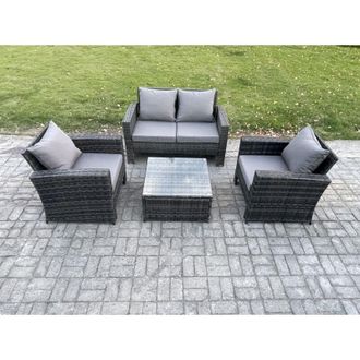 Fimous 4 pcs Garten Lounge Set Polyrattan Gartenm&ouml;bel Set mit Stuhl Quadratisch Couchtisch Doppelsitz-Sofa Dunkelgrau Gemischt - Fimous