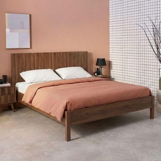 Sweeek Lit avec sommier &agrave; lattes et t&ecirc;te de lit 160x200cm d&eacute;cor bois noyer - Linear