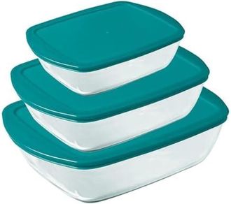 Pyrex Cook & Store - Lot de 3 Boîtes de Conservation Rectangulaires en Verre avec Couvercles - 0.4L, 1.2L, 2.6L - Verre Borosilicate- Larges Poignées - Idéa