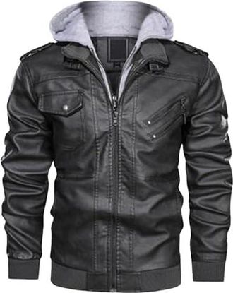 Generic Veste en cuir pour homme, veste de moto en similicuir, fermeture éclair, style bombardier, vêtements dextérieur décontractés avec capuche, vêtements é