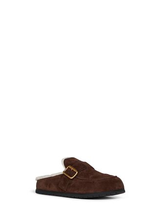 Prada Womens Mules Dark Brown Suede & Shearling Calf Leather Sandal
