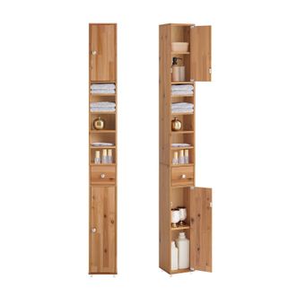 SoBuy Bad Hochschrank Schmal - Badschrank mit verstellbaren Ablagen aus Massivholz - platzsparendes Badezimmermöbel, Wasserabweisender, Zedernholz Holzfarbe