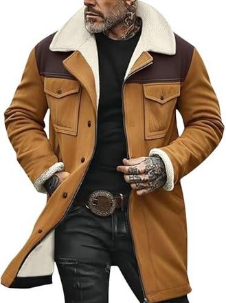 Generic Vestes rétro en daim pour homme, col en peluche, manteaux longs de cowboy occidentaux en similicuir avec fermeture éclair, kaki, 3XL
