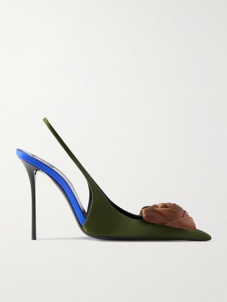 Saint Laurent Escarpins À Brides Arrière En Satin À Appliqués Amalia - Vert