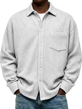 Generic Chemise boutonn&eacute;e &agrave; manches longues pour homme - Chemise gaufr&eacute;e &agrave; revers avec poche - Coupe d&eacute;contract&eacute;e - Chemisier daffaires urbain &eacute;l&eacute;gant - Haut 