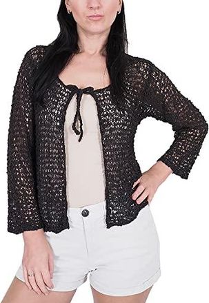 Mimosa Femme Bolero Cardigan au Crochet Popcorn Plaine Etendue Résille Haussement Dépaules (Taille Unique, Black Cardigan)
