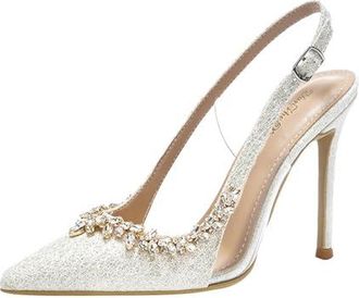 Generic Escarpins &agrave; Talons Hauts en Satin et Strass pour Femmes, Bride la Cheville Scintillante en Cristal, Chaussures Hautes Bout Pointu et Fines,White 10cm,
