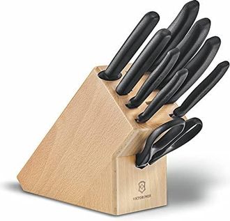 Victorinox by Swiss Army Bloc Porte-Couteaux Swiss Classic en Bois, 9 Pi&egrave;ces dont 8 Couteaux et 1 Paire de Ciseaux Universels, Rangement, Bois de H&ecirc;tre Clair