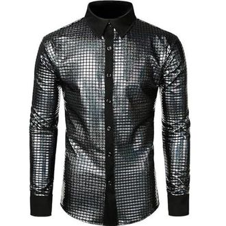 Generic Chemise d&eacute;contract&eacute;e &agrave; manches longues pour homme avec revers brillant et paillettes, Noir, XXL