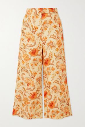 Zimmermann + Net Sustain Junie Verkürzte Hose Mit Weitem Bein Aus Leinen Mit Blumenprint Und Gürtel - Creme