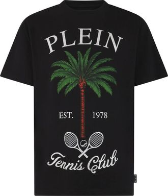 Philipp Plein Homme, Tops, Noir, Taille: XL Round Neck T-Shirt Tennis Club Stones