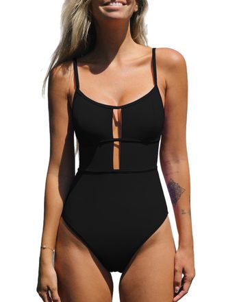 Cupshe Damen Badeanzug U Ausschnitt Riemchen Zierausschnit Tiefer Rückenausschnitt Figurformend Einteilige Bademode Swimsuit Schwarz XS
