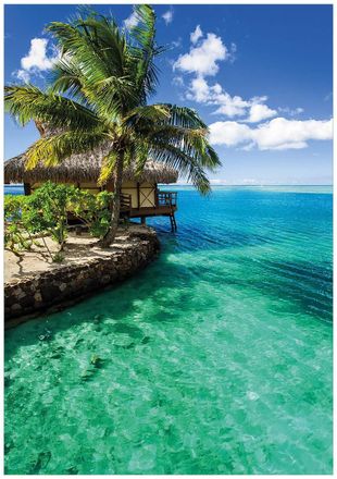 Wallario selbstklebendes Poster - Karibisches Meer Einsame Hütte unter Palmen, Aufkleber in Premiumqualität, Klebefolie Größe: 70 x 100 cm (Riesenposter)