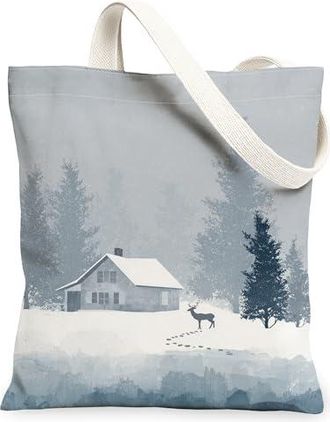 Generic Sacs fourre-tout en toile de for&ecirc;t dhiver, motif nature pittoresque, sacs de courses r&eacute;utilisables, confortables, rustiques, l&eacute;gers et lavables, Gris,