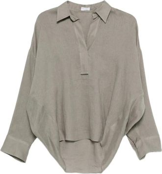 Brunello Cucinelli Femme, Tops, Vert, Taille: 38 FR Chemise en Lin &agrave; Col V