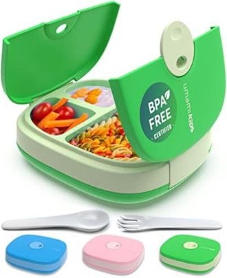 Umami Kids Lunch Box mit Besteck,auslaufsicher,langlebig,Bento-Stil,3 große Fächer,ideale Portionsgrößen für 3 bis 9 Jahre,Kita-Jungen und Mädchen,BPA-frei,