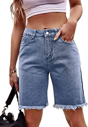 Minetom Short Femme Jean Taille Haute Ete Denim Pantalon Moyen Short en Jean Décontracté Shorts en Denim Déchiré Hot Shorts F Bleu L