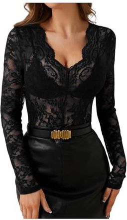 Generic Chemisier transparent à manches longues en maille pour femme avec col montant et col montant - Noir - 2026, Noir, XXL