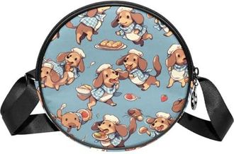 Generic Petit sac &agrave; bandouli&egrave;re circulaire pour femme, motif teckel avec fermeture &eacute;clair, bretelles r&eacute;glables, sac &agrave; main rond d&eacute;contract&eacute; pour femmes et fil