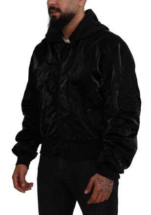 Dolce & Gabbana Mens Black Nylon Hooded Full Zip Bomber Jacket Cotton Polyester Clothing