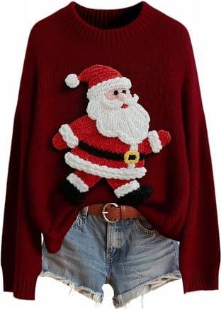 Generic Pull de No&euml;l moche &agrave; manches longues pour femme Motif sapin de No&euml;l Flocon de neige P&egrave;re No&euml;l, Z01-vin, S