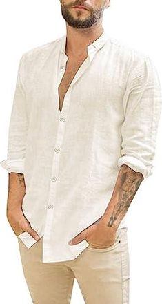 Generic Chemises en lin pour hommes, hauts &agrave; col montant pour hommes et adultes avec col rond et ourlets roul&eacute;s, chemise boutonn&eacute;e, d&eacute;contract&eacute;e, &eacute;l&eacute;gante, &agrave; 