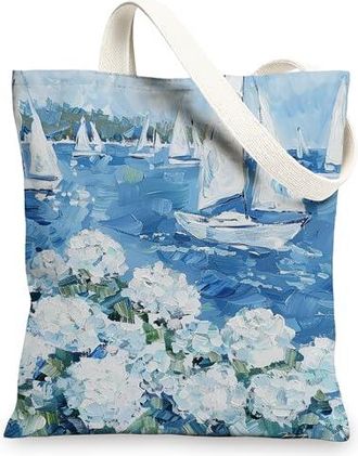 Generic Sacs fourre-tout en toile de voile, motif floral marin artistique, sacs de courses réutilisables, légers et lavables à lépaule, bleu, 13x15 Inch