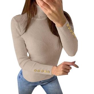 Generic Pull à col haut pour femme - Pull pour femme - Tunique pour femme - Pull tricoté grande taille - Haut pour femme - Pull dautomne pour femme, beige, L