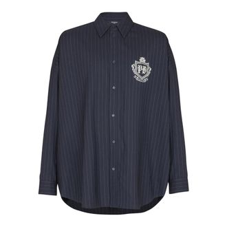Balmain Gestreiftes College-Wappen Hemd aus Wolle - - Shirts - Herren - Blau - XL