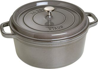 Staub Gusseisen Bräter/Cocotte, Rund 28 cm, 6,7 L, Aromaregen Funktion für optimale Befeuchtung, Für alle Herdarten inkl. Induktion & Backofen, Graphitgrau