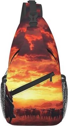 Generic Sac &agrave; bandouli&egrave;re 3D Coucher de soleil &eacute;quitation Cowboy Sac &agrave; bandouli&egrave;re Sac &agrave; dos de voyage Sac &agrave; dos Sling pour homme Randonn&eacute;e Sac &agrave; dos