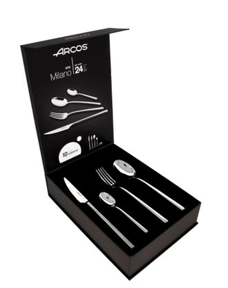 Arcos Serie Milano - 24-teiliges Besteckset in Geschenkbox (6 Messer + 12 Löffel + 6 Gabeln) - Monoblock aus Edelstahl - Silber
