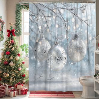 Generic Duschvorhang, Weihnachtsdekoration, extra lang, Winter, festlich, Schneeflocken-Zweig, Weihnachten, Silber, Polyester, wasserdicht, dekorativer Badezi