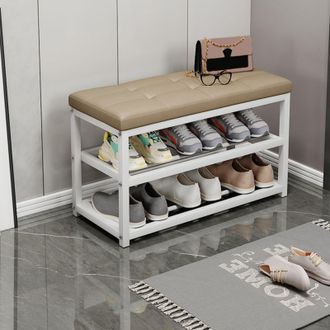 Generic 3-st&ouml;ckige Schuhbank Mit Stauraum, Sitzfl&auml;che Aus PU-Leder Und Metallrahmen, Organizer for Den Eingangsbereich Im Wohnzimmerflur(Beige,70 * 45 * 30cm)