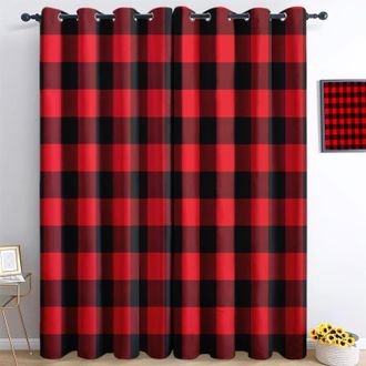 Generic Bedruckte Vorh&auml;nge Mit Kariert Gestreift Muster - Verdunkelung & Hitzeschutz, Blickdicht Mit &Ouml;sen, H 200 X B 70 cm (2Er Pack), Rot Schwarz F&uuml;r Schlafz