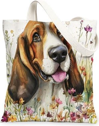 Generic Sac fourre-tout en toile motif chien basset printanier 33 x 38,1 cm, sac d&eacute;picerie r&eacute;utilisable &agrave; motif aquarelle pour femme, peinture esth&eacute;tique pour
