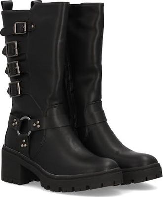 Shoes & Blues Botte pour femme style militaire avec design en dentelle haute et quatre boucles réglables. Détail de lanneau métallique latéral avec rivet. Semelle é