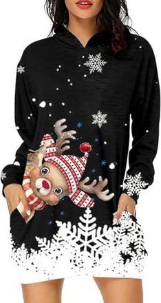 Generic Robe De Noel Femme Manches Longues, Robes De Noël pour Femmes A Capuche Mini Imprime Decontracte Costume De Pere Noël Coupe Tendance Cocktail Dress Lo