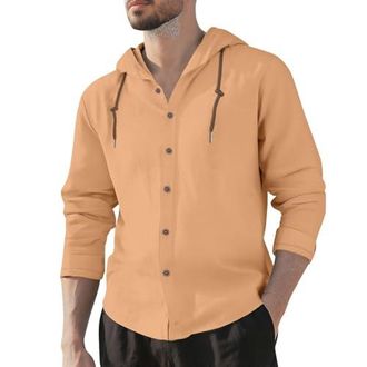 Generic DENGJIAMY Sweat &agrave; capuche en lin pour homme uni boutonn&eacute; chemise &agrave; manches longues plage vacances chemise unie d&eacute;contract&eacute;e d&eacute;t&eacute; hauts pour hommes t-s