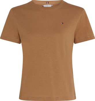 Tommy Hilfiger Damen T-Shirt Kurzarm Slim mit Rundhalsausschnitt, Beige (Safari Canvas), XXL