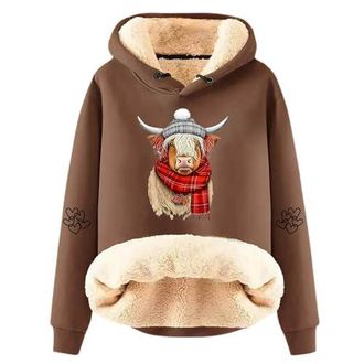 Generic Highland Cow Sweat &agrave; capuche pour femme - Pull de No&euml;l doux et chaud - Doublure en polaire Sherpa - Sweat de No&euml;l d&eacute;contract&eacute; &agrave; manches longues - Gran