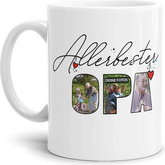 Tassendruck Fototasse mit Spruch - Allerbester Opa - zum Selbst gestalten mit Foto-Collage für 3 Fotos, Weiß, 300 ml
