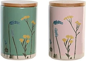 DKD Home Decor Markendose, Rosa und Grün, aus Steinzeug und Bambus (11,5 x 11,5 x 17,5 cm) (2 Stück)