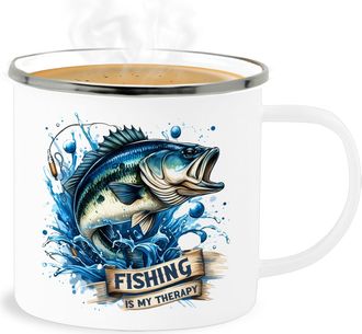 Shirtracer Emaille Becher Blechbecher - Angeln Tassen - Fishing is my therapy - Fischer Geschenk - 300 ml - Wei&szlig; Silber - angler fisch fischen angel geschenke f&uuml;