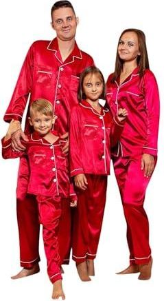 Generic Ensemble de pyjama de Noël en satin de soie assorti avec pantalon et chemise boutonnée 2025, Rouge, 18-24 mois
